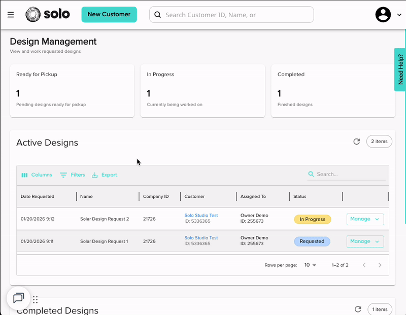 Managing Designs in the Design Management Page